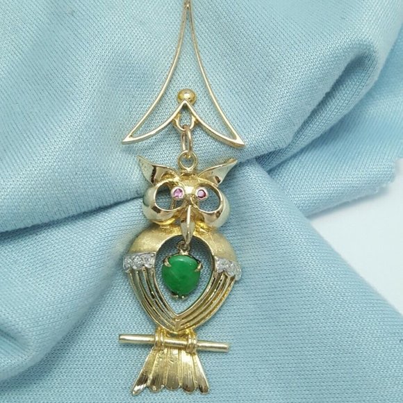 Jewelry | Vintage 14k Karat Solid Yellow Gold Jade Ruby Diamond Owl ...